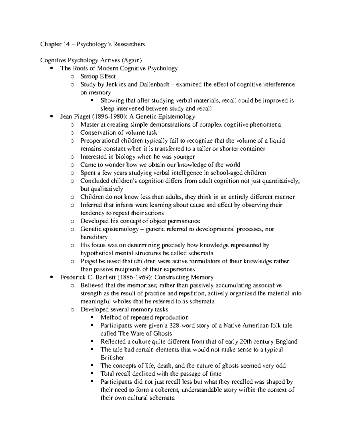 Chapter 14 Textbook - Summary A History of Psychology - Chapter 14 Researchers Cognitive ...