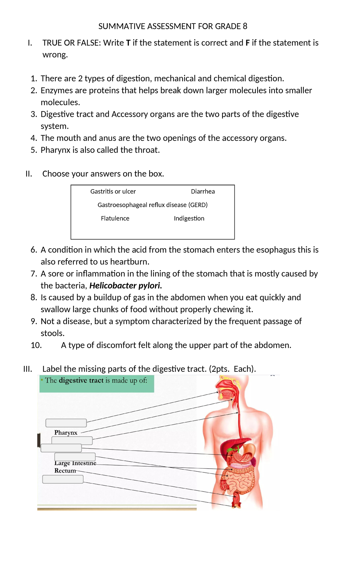 Grade 8 Summative Assessment - SUMMATIVE ASSESSMENT FOR GRADE 8 I. TRUE ...