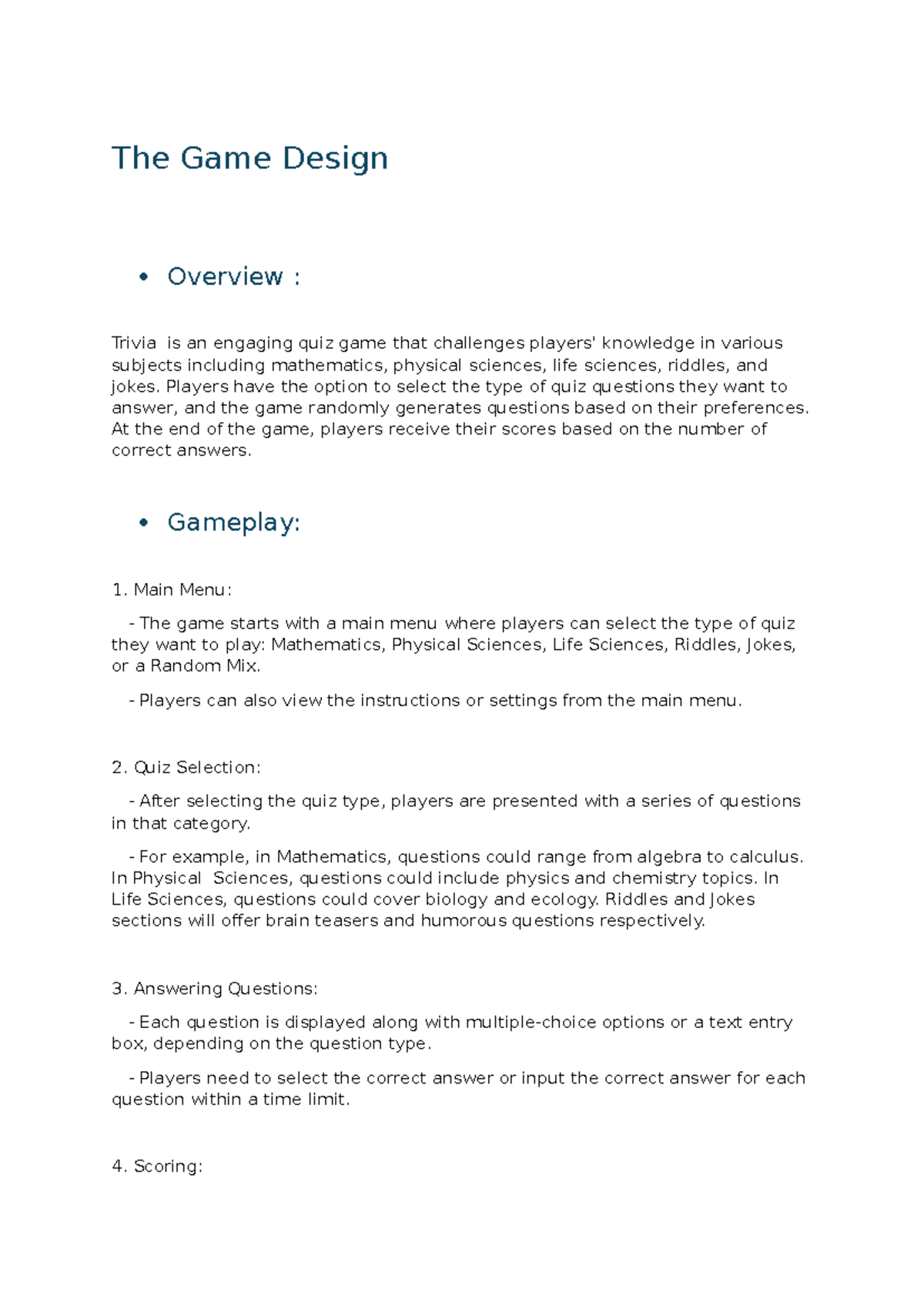 The Game Design - The Game Design Overview : Trivia is an engaging quiz ...