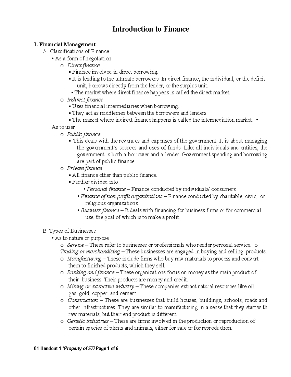 BF 01 Handout 1 - Introduction to Finance I. Financial Management A ...