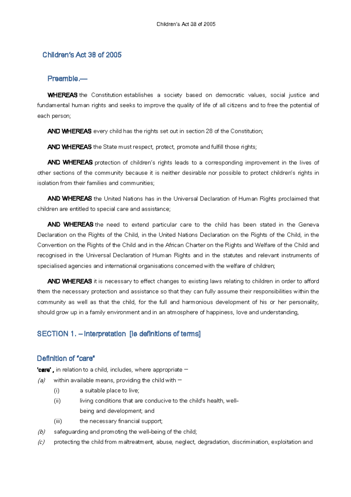 Children s Act prescribed extracts - Children’s Act 38 of 2005 Preamble ...