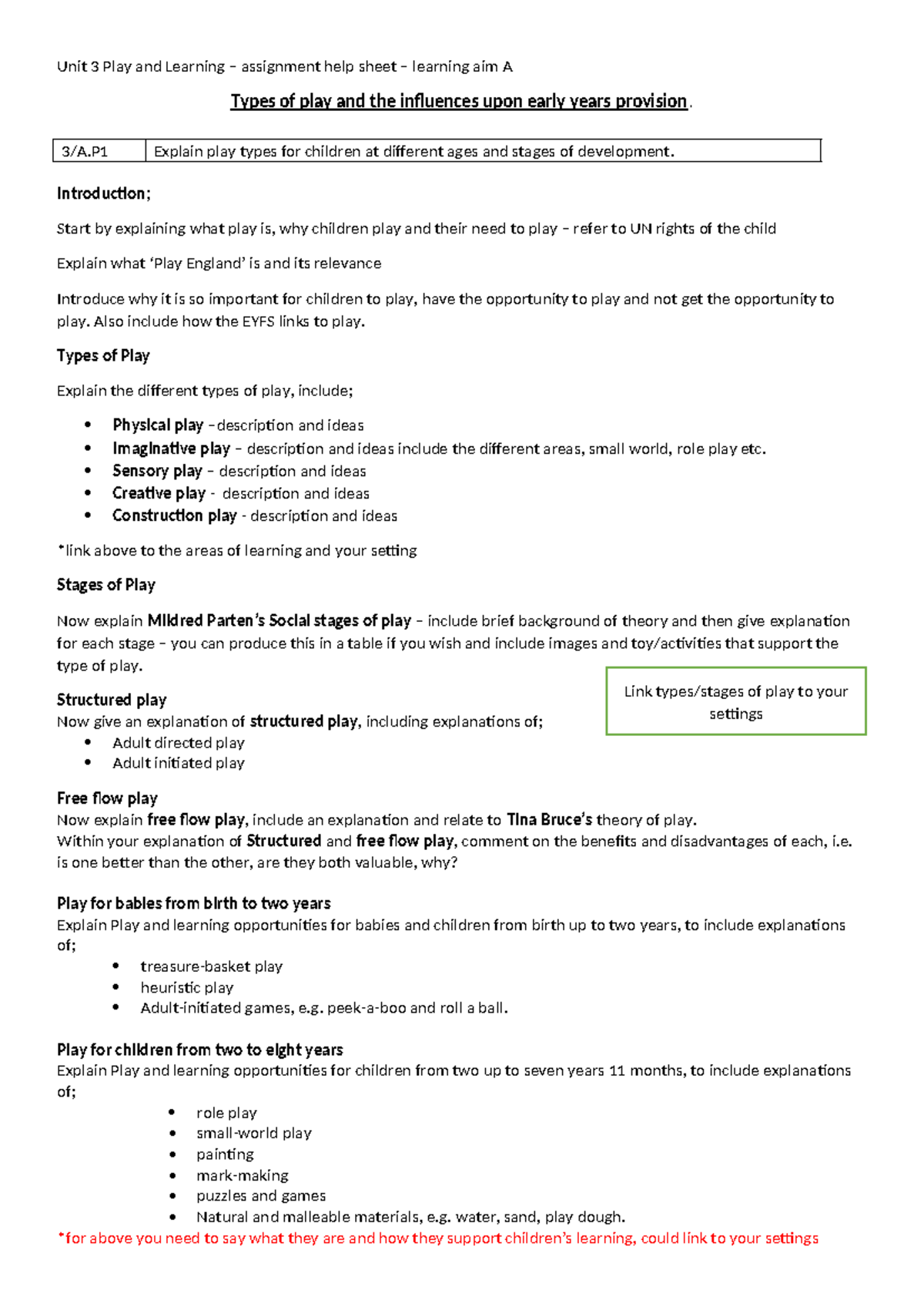 Unit 3 - help sheet - aim A - Unit 3 Play and Learning – assignment ...