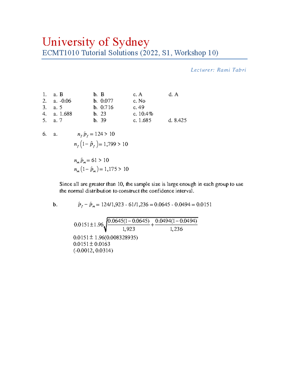 Tutorial Week 11 solutions - University of Sydney ECMT1010 Tutorial ...