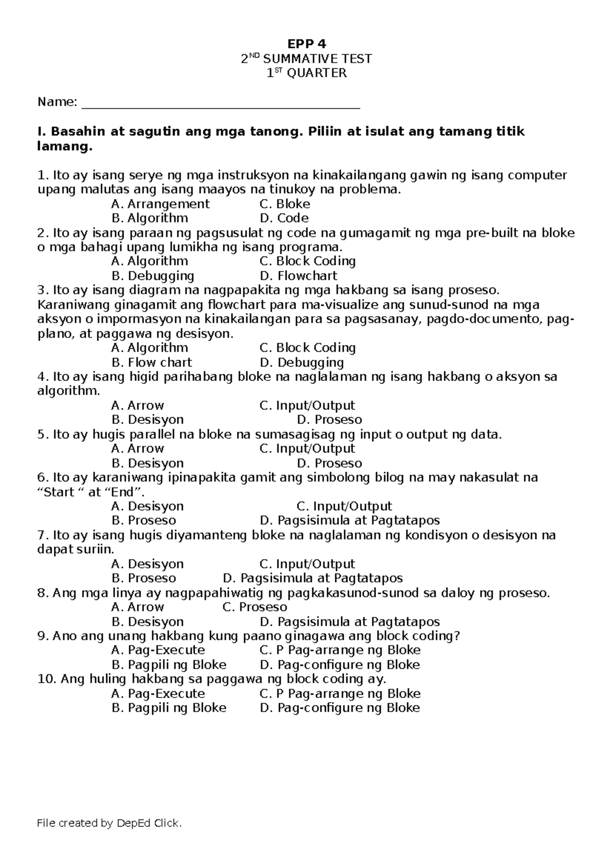EPP4 ST4 Q1 Matatag - SUMMATIVE TEST - EPP 4 2 ND SUMMATIVE TEST 1 ST ...