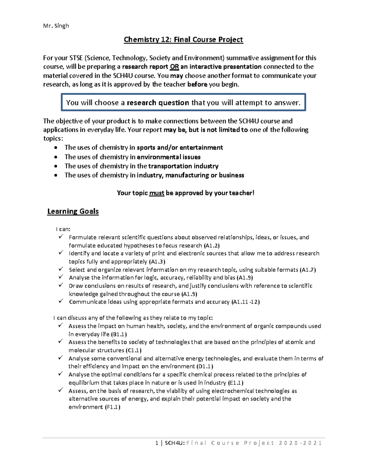 SCH4U Final Course Project - Chemistry 12: Final Course Project For ...