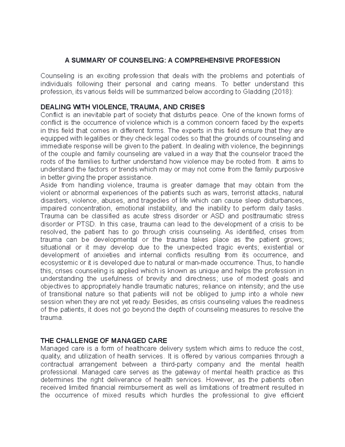 Chapter 1 - psychology - A SUMMARY OF COUNSELING: A COMPREHENSIVE ...