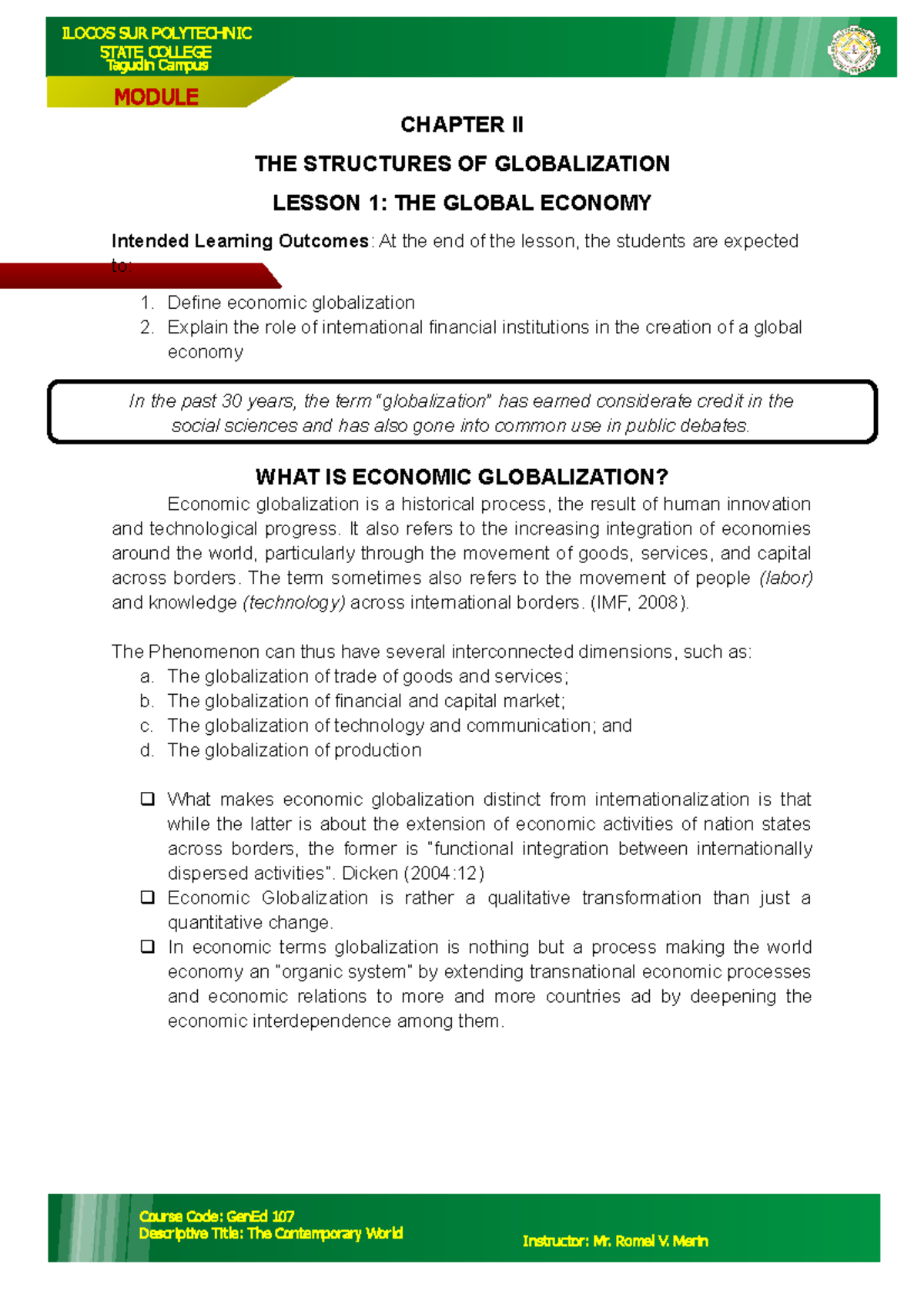 TCW- Chapter 2 - None - CHAPTER II THE STRUCTURES OF GLOBALIZATION ...