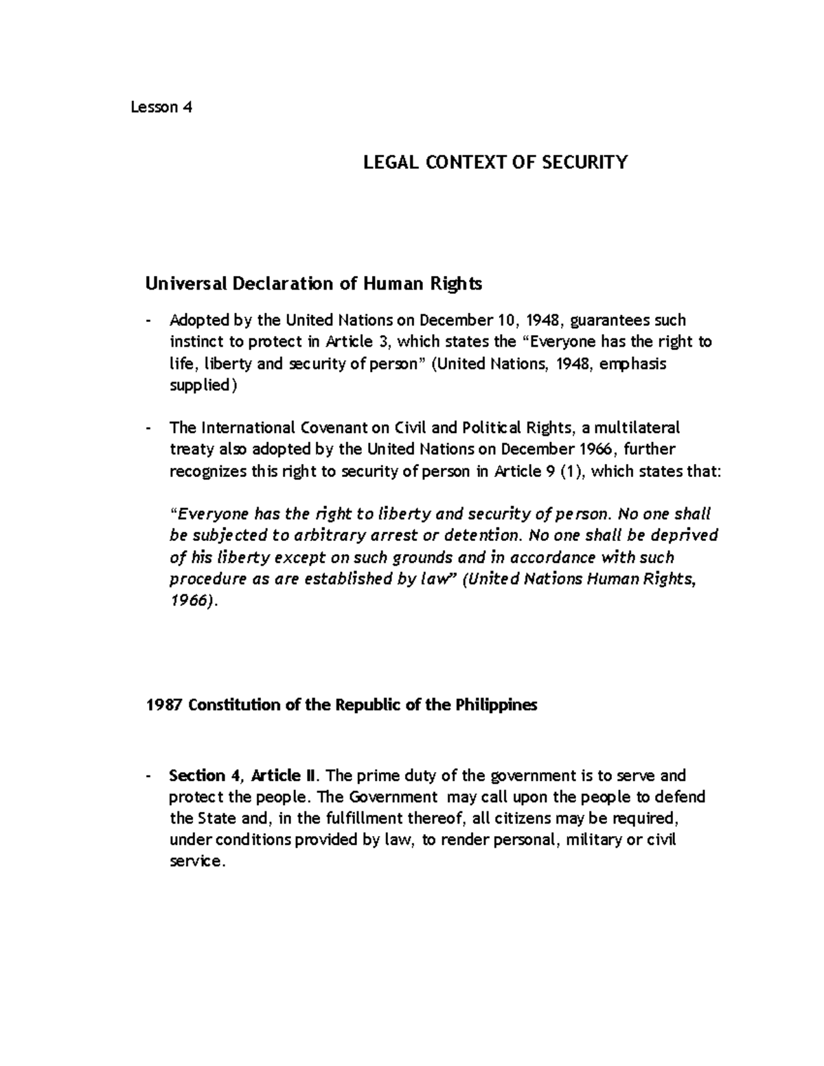 Legal Context of Security - Lesson 4 Universal Declaration of Human ...