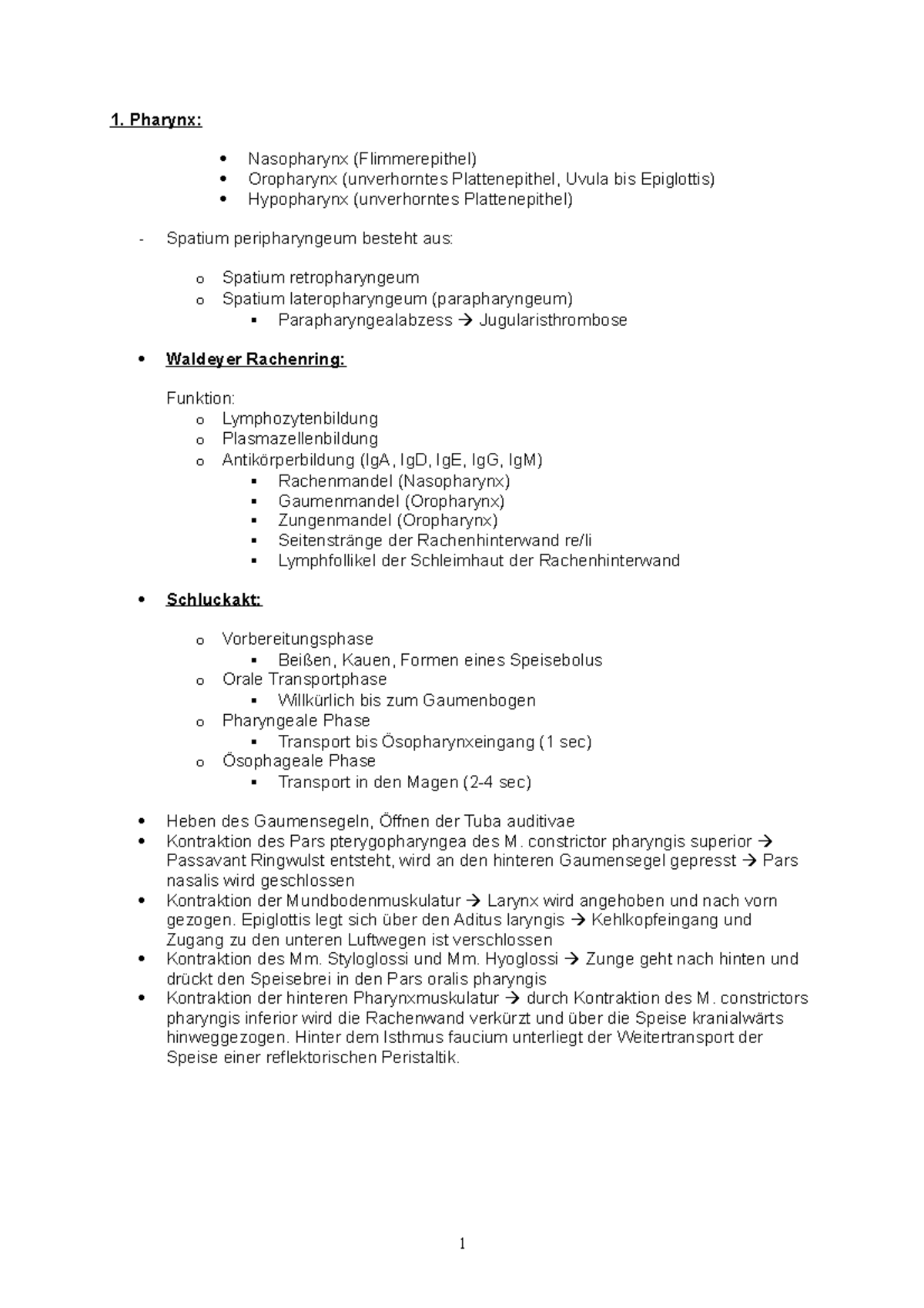 HNO Zusammenfassung - Examen - 1. Pharynx: - Spatium peripharyngeum ...
