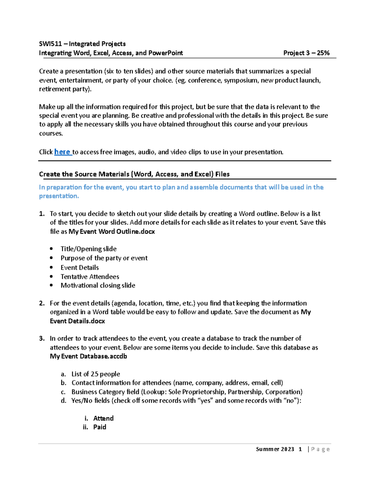 Project 3 Integrating Word Excel Access And Power Point Summer 2023 1 P A G E Swi511