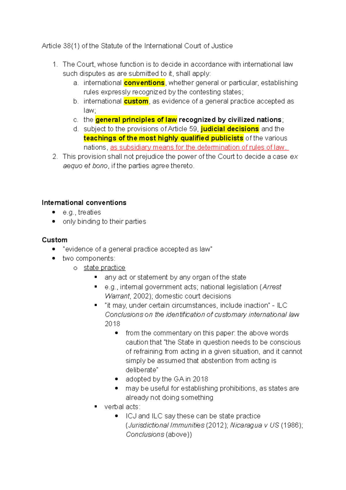 Int source of law PQ Notes - Article 38(1) of the Statute of the ...