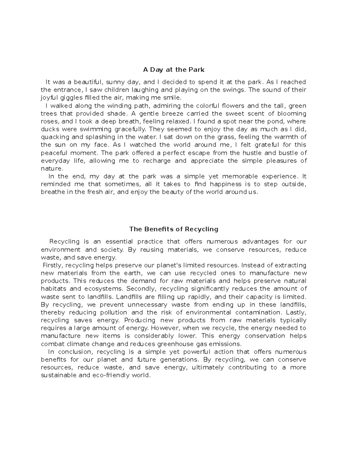Different Example OF Essays - A Day at the Park It was a beautiful ...