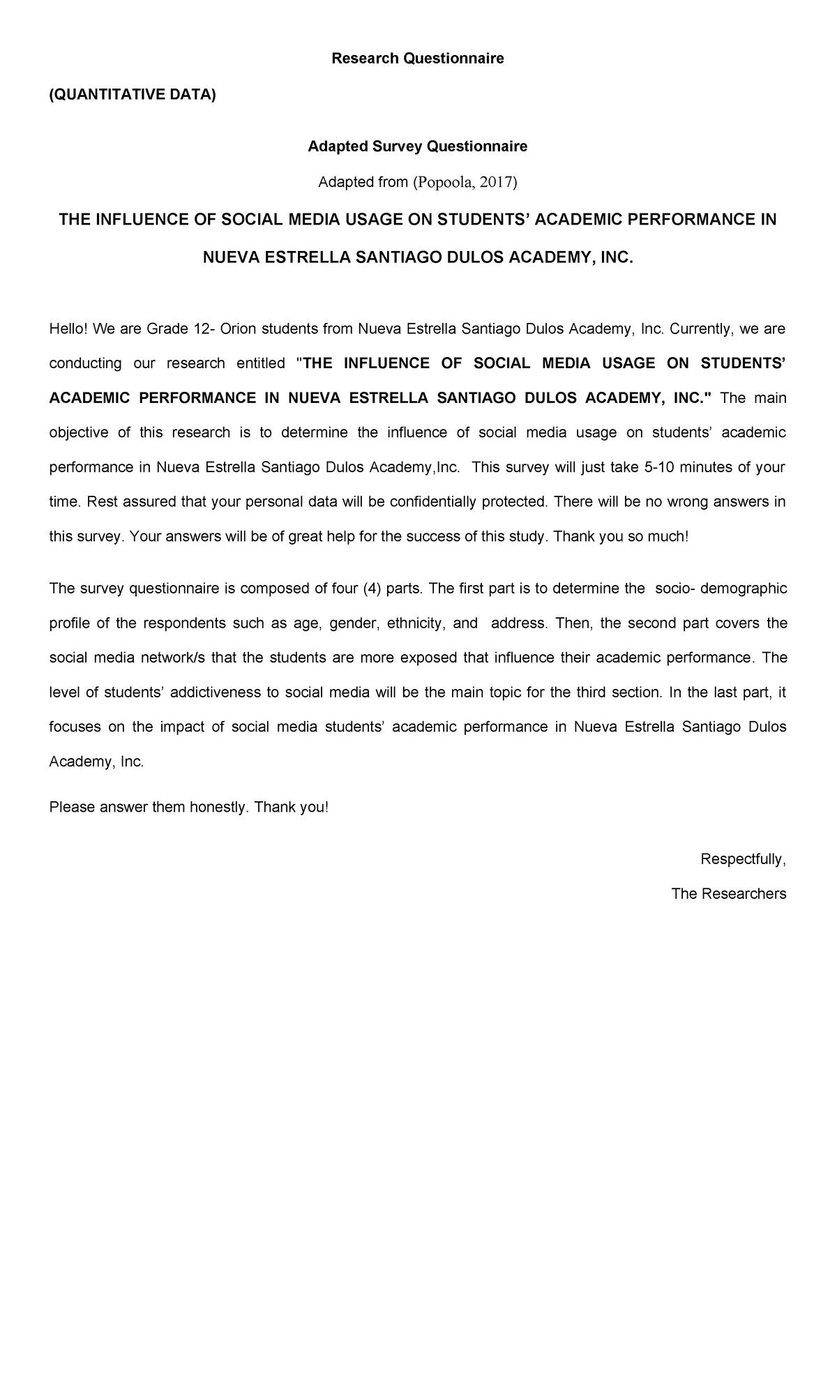 Survey-questioner - mkn - Research Questionnaire (QUANTITATIVE DATA ...