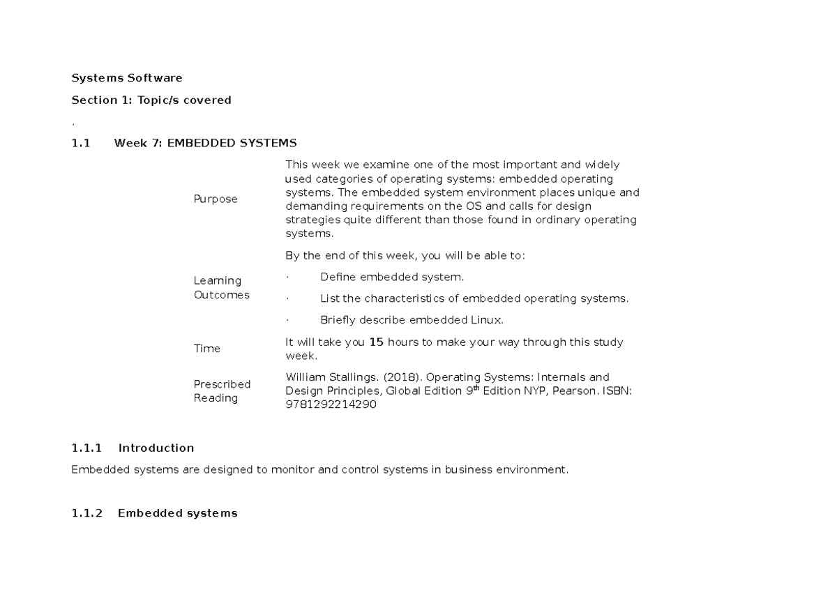 Embedded Systems - Systems Software Section 1: Topic/s covered . 1 Week ...