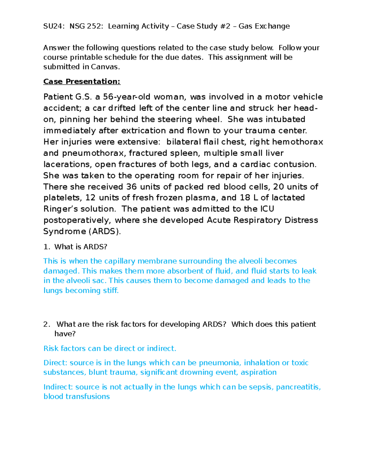 Case Study Gas Exchange - Answer the following questions related to the ...