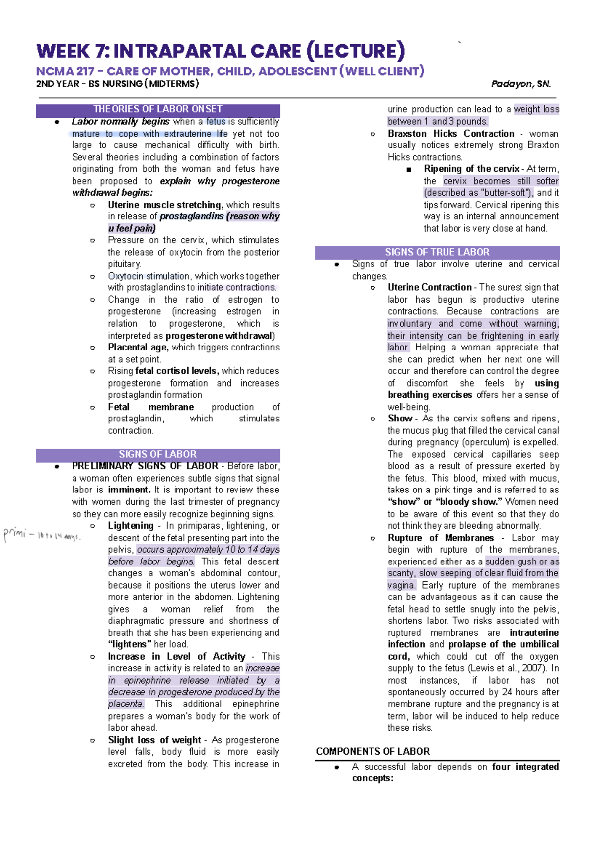 [M] WEEK 7 Intrapartal CARE 217 - WEEK 7: INTRAPARTAL CARE (LECTURE ...
