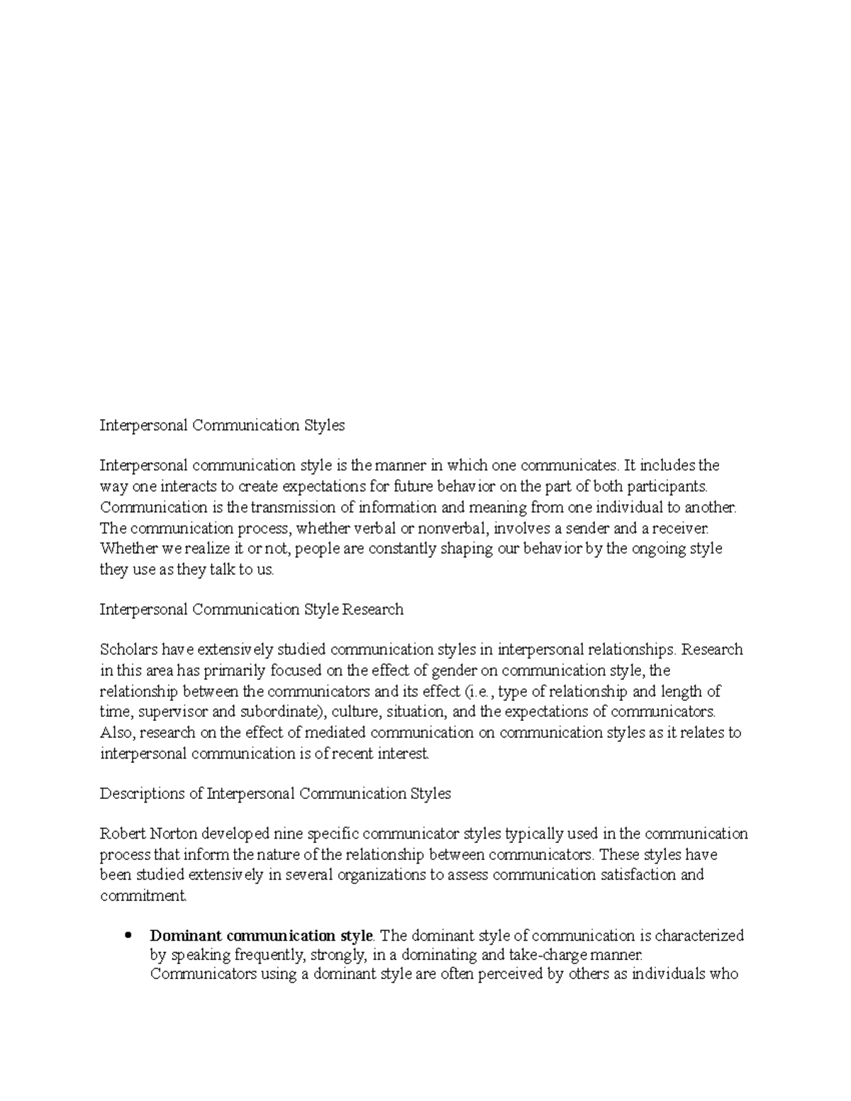 Interpesonal COM Notes - Interpersonal Communication Styles ...