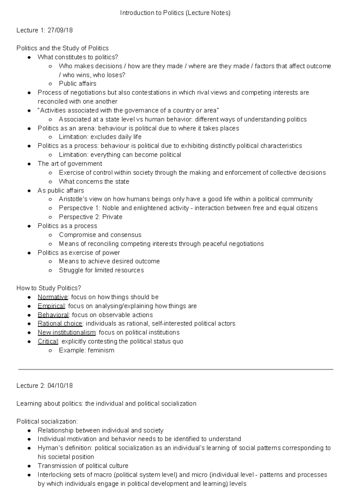 Introduction to Politics Lecture Notes - Introduction to Politics ...