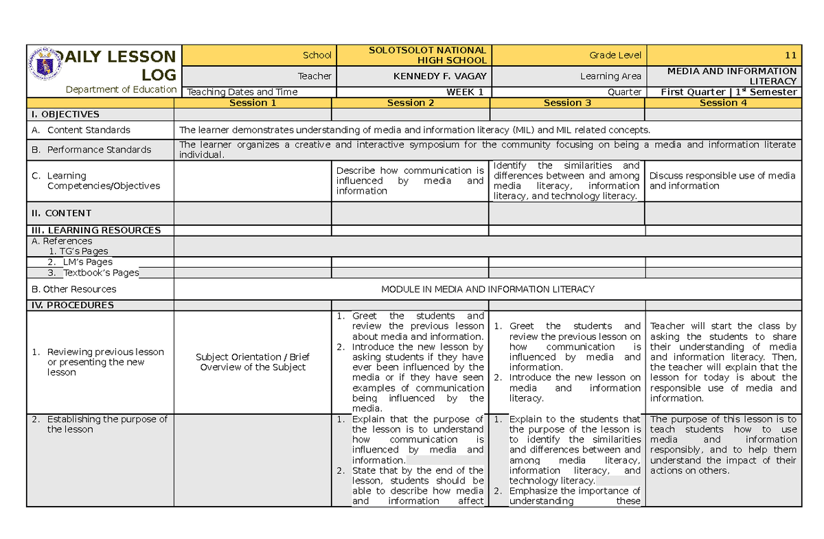 Dll MIL Quarter 1 WEEK 1 - DAILY LESSON LOG Department of Education School SOLOTSOLOT NATIONAL ...