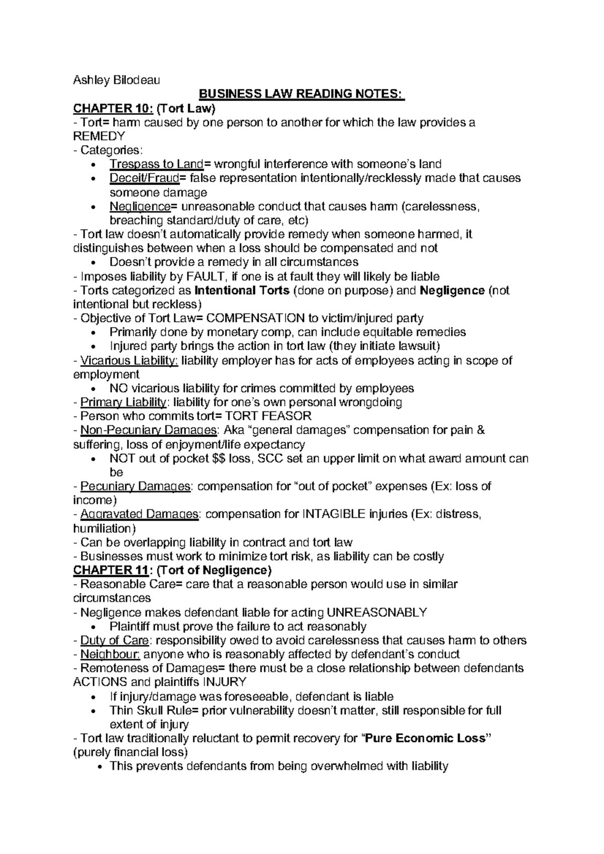 Bizlaw reading notes 2 - ghghbjh - Ashley Bilodeau BUSINESS LAW READING ...