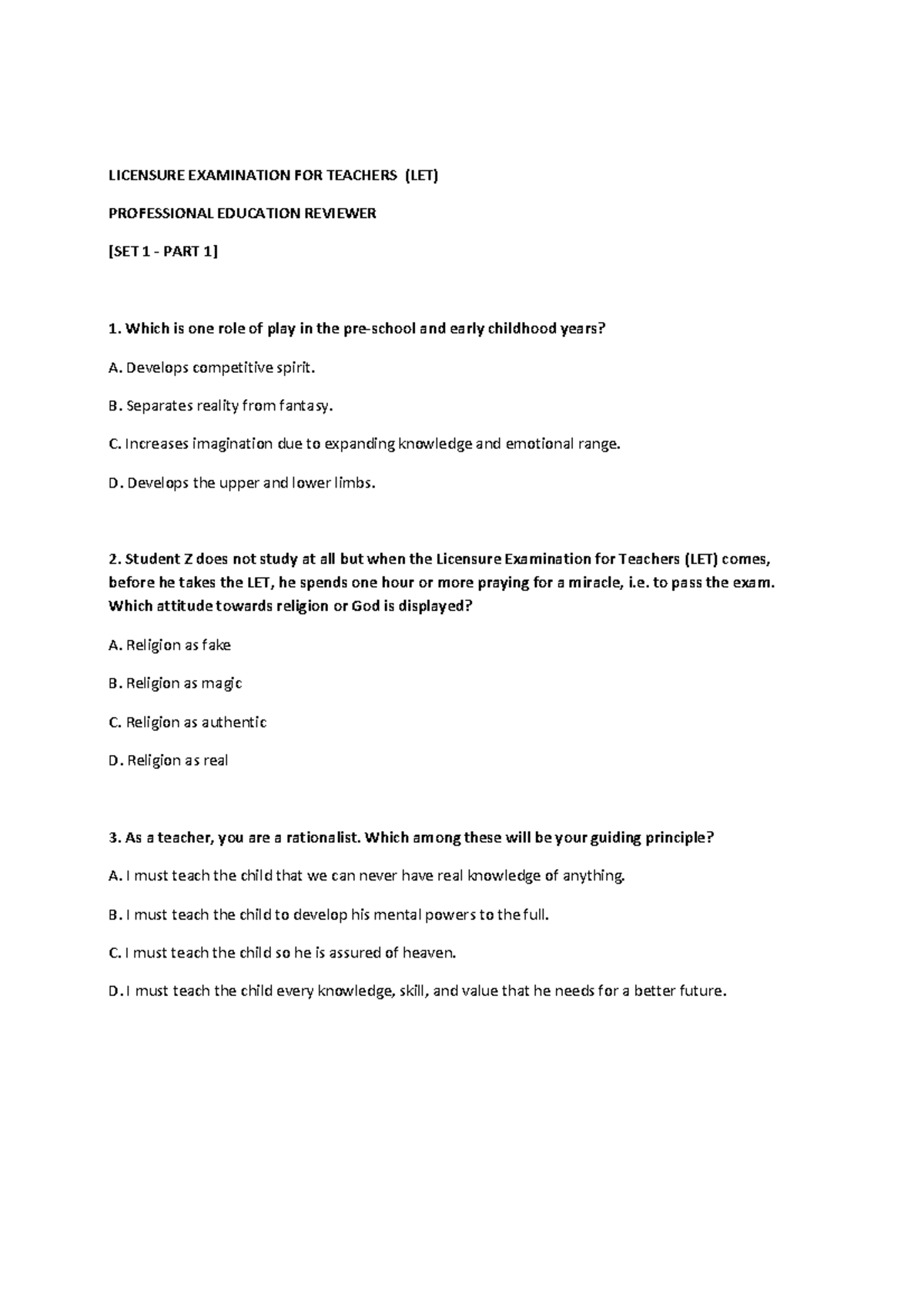 Licensure Examination for Teachers Set 1 Part 1 - LICENSURE EXAMINATION ...