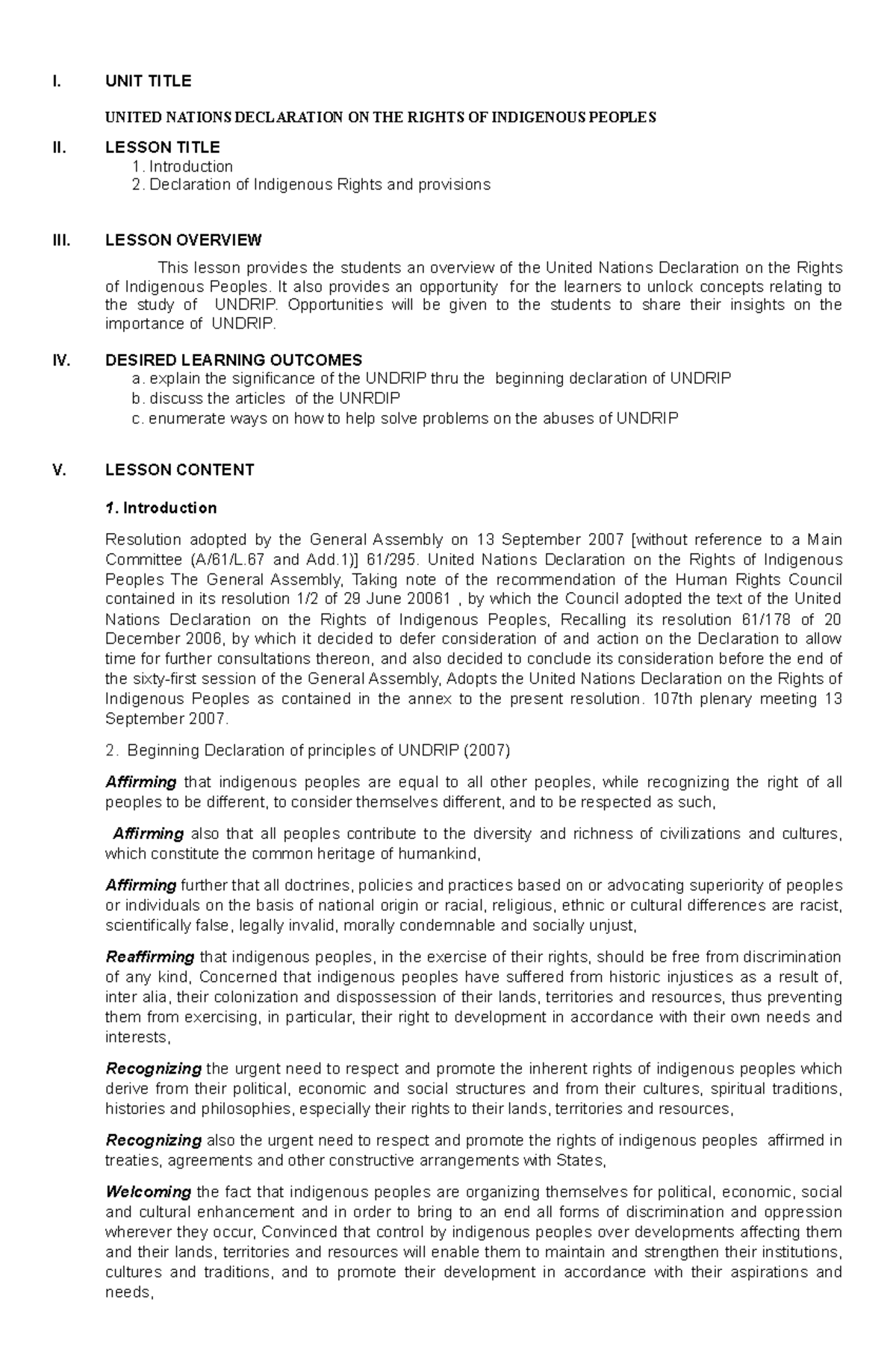 PIC Module 2 Undrip - for your reference - I. UNIT TITLE UNITED NATIONS ...