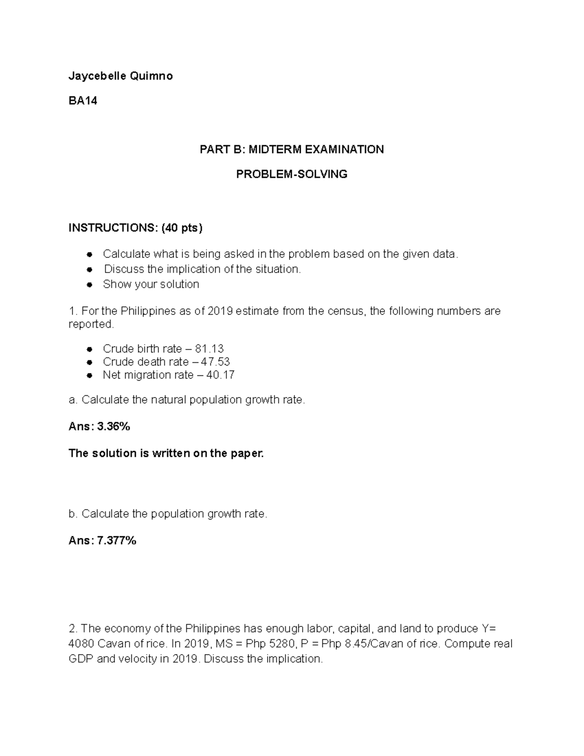 Jaycebelle Quimno - PART B Midterm Examination BA14 - Jaycebelle Quimno ...