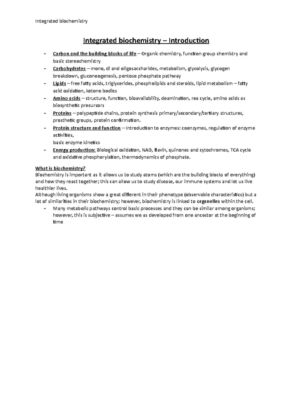 Integrated biochemistry - notes - Integrated biochemistry ...