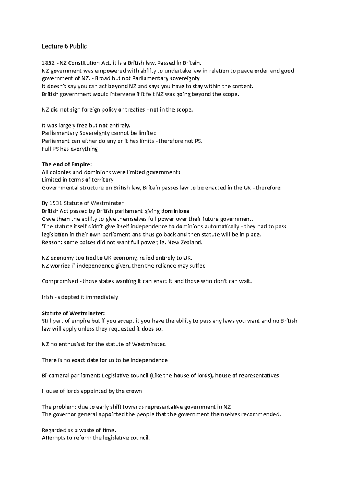 Lecture 6 Public - Lecture 6 Public 1852 - NZ Constitution Act, it is a ...