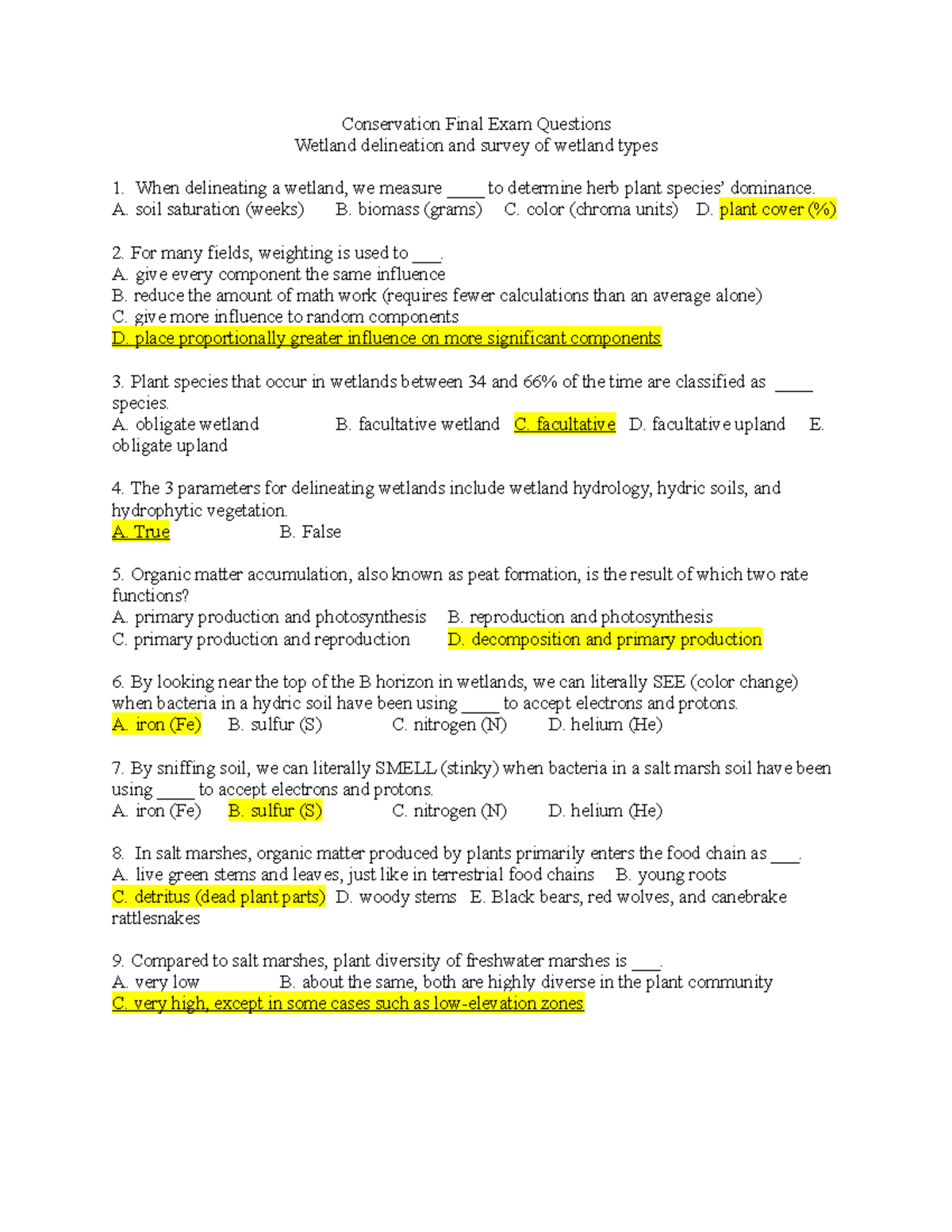 Final exam study guide wetlands - Conservation Final Exam Questions ...