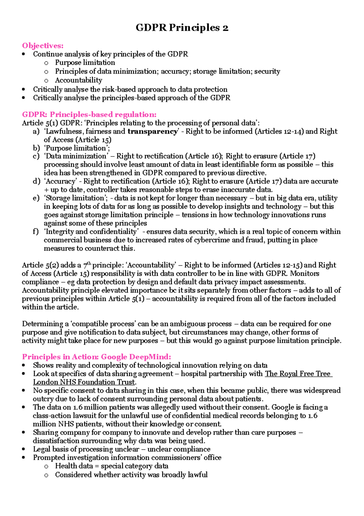 (5) GDPR Principles 2 - lecture 5 - GDPR Principles 2 Objectives ...