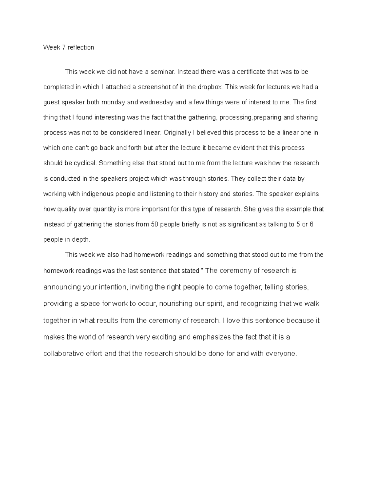 Week 7 reflection - Week 7 reflection This week we did not have a seminar. Instead there was a ...