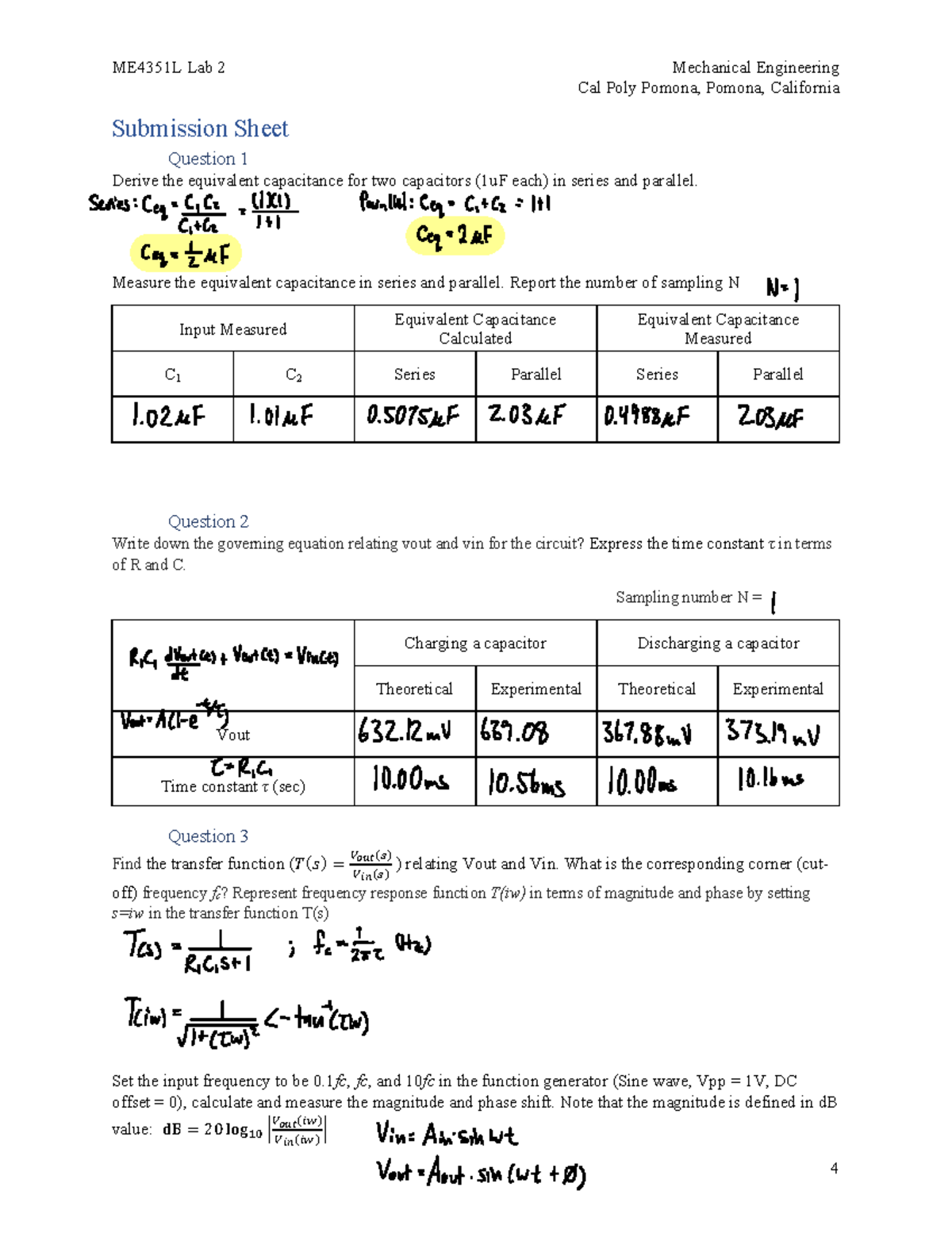 MM Lab 2 Submission Sheet - ME4351L Lab 2 Mechanical Engineering Cal ...
