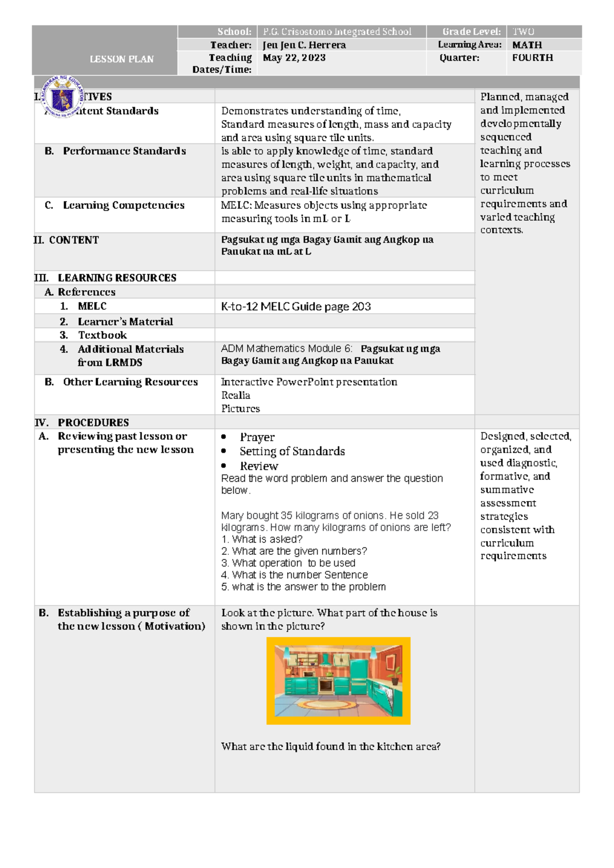 COT- English Math2 Q4 Measuring Objects Using Literandmill Liter - I ...