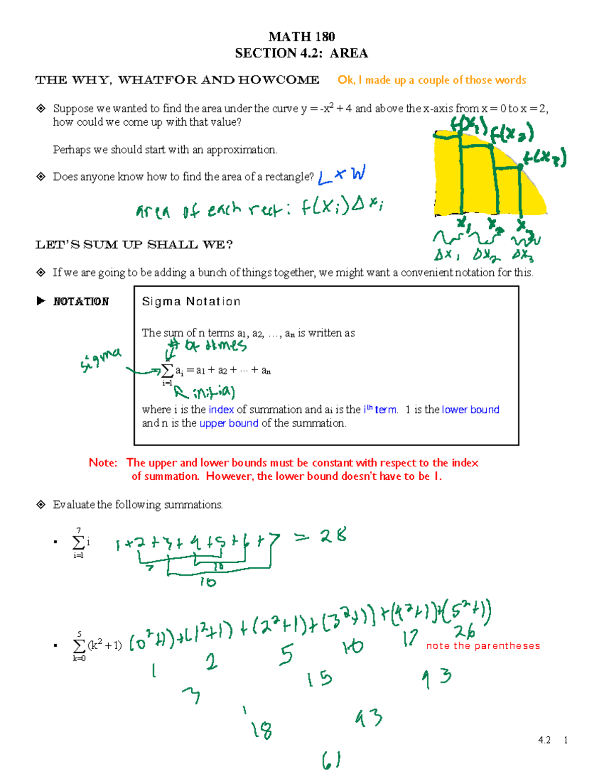 Lesson 4.2 Calc 2 - MATH 180 SECTION 4: AREA THE WHY, WHATFOR AND ...