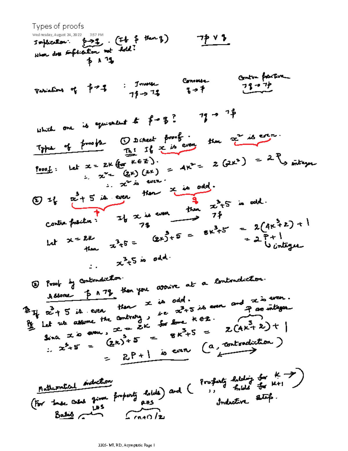 Proofs and Mathematical induction - Types of proofs Wednesday, August ...