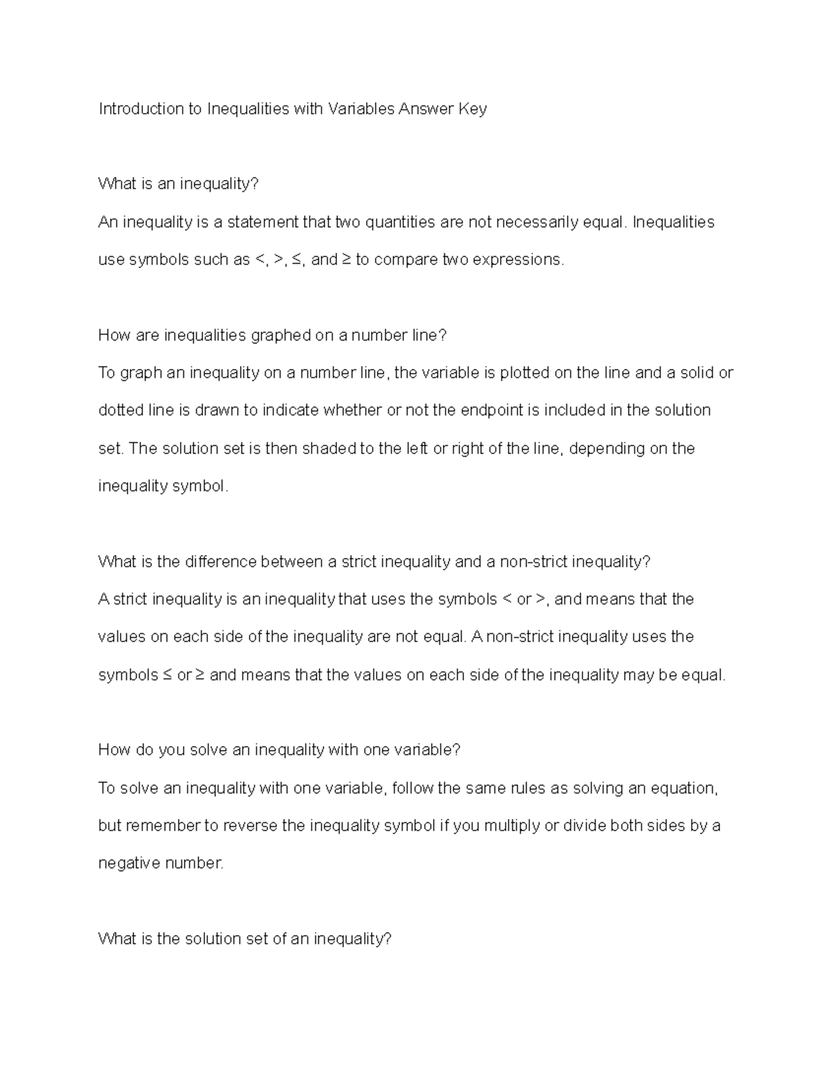 Introduction to Inequalities with Variables Answer Key - Inequalities ...
