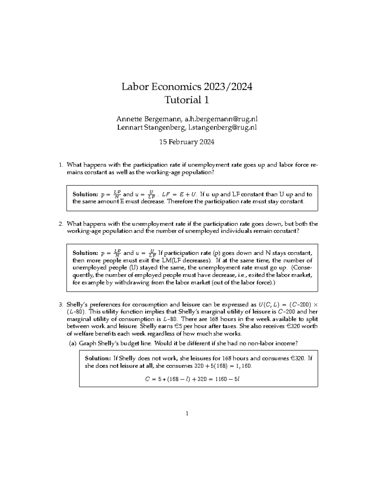 Tutorial 1 solution 2024 - Labor Economics 2023/ Tutorial 1 Annette Bergemann, a.h@rug Lennart ...