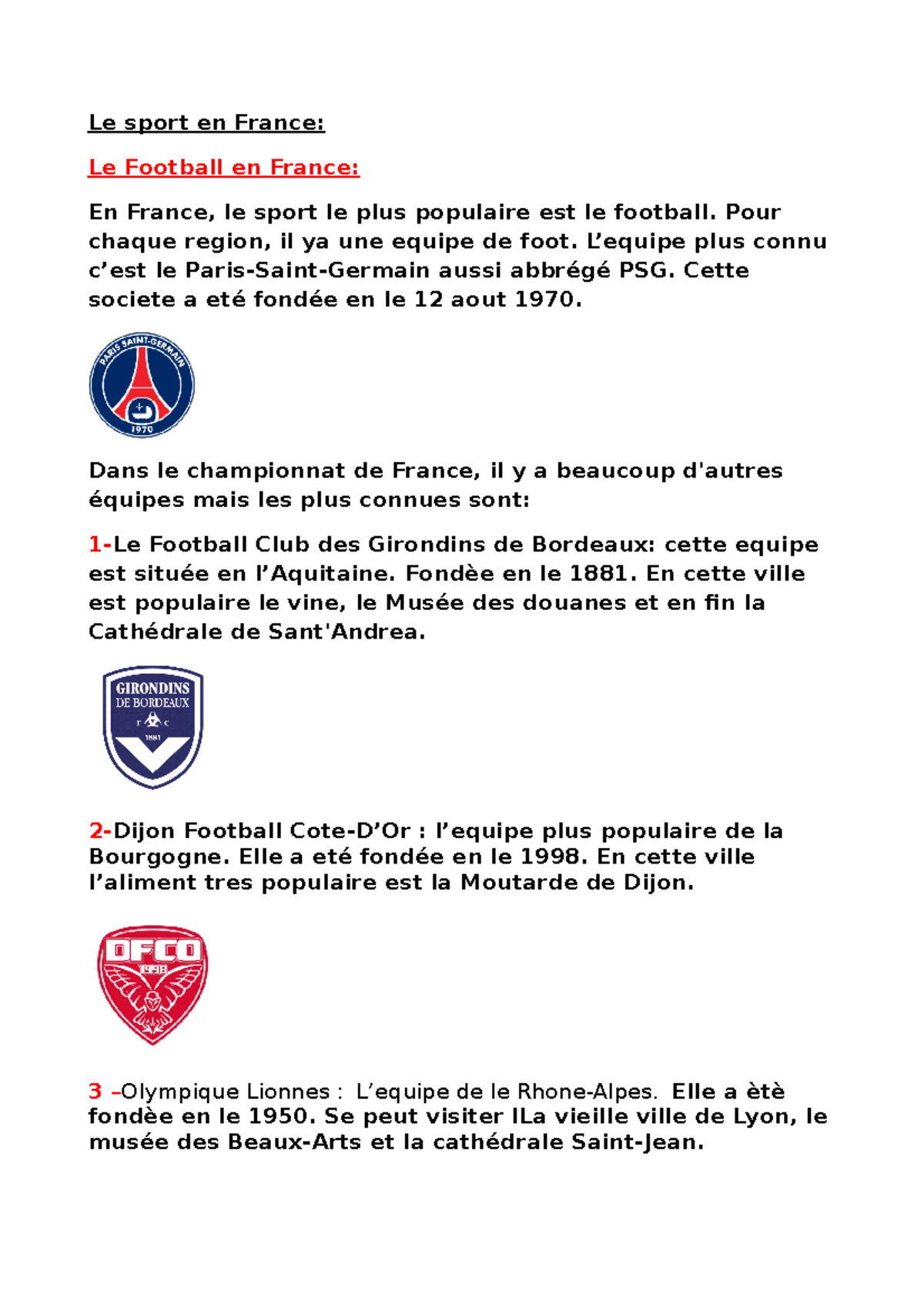 Ricerca sullo sport in francia - Le sport en France: Le Football en ...