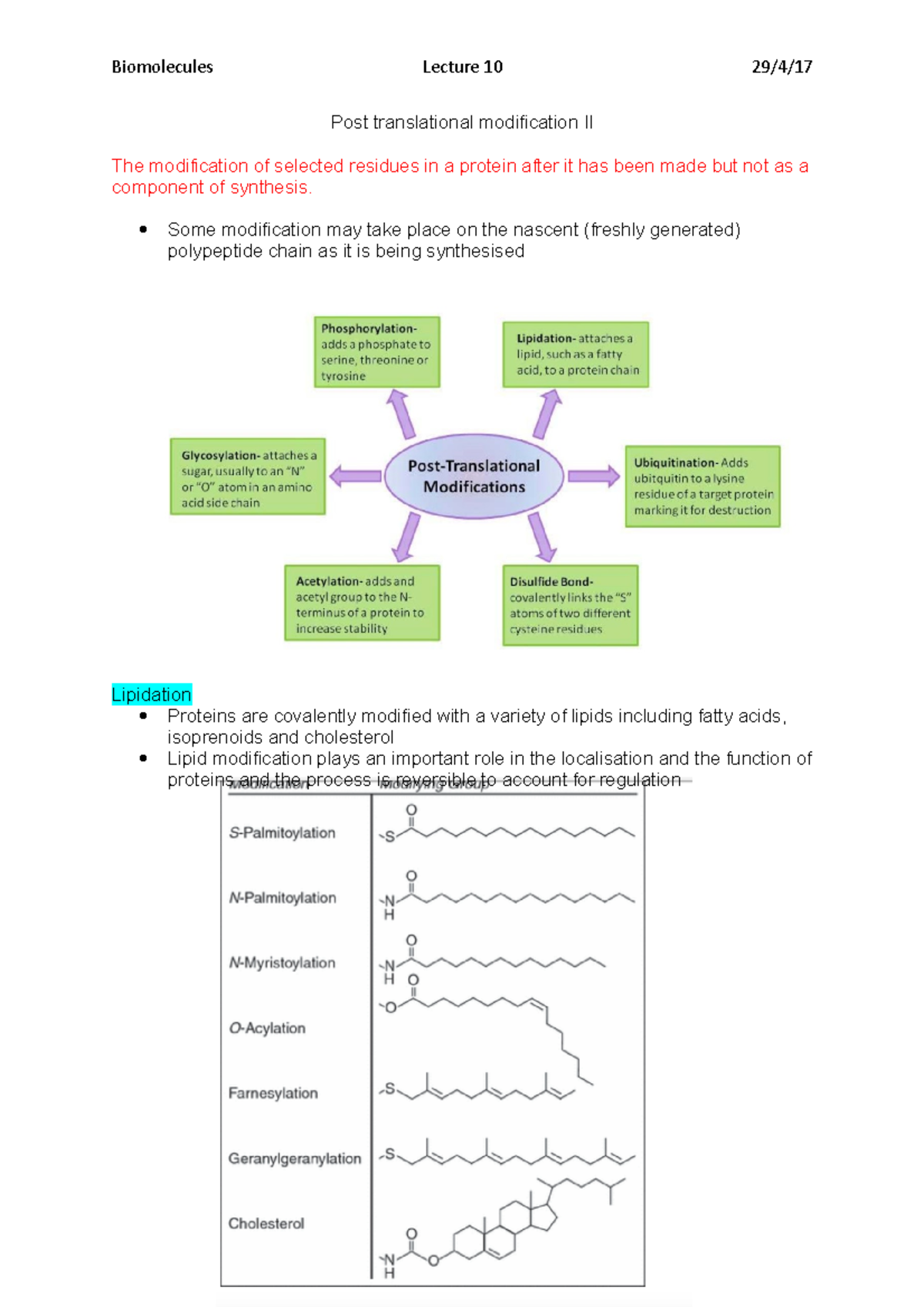 Post translational modification II - Biomolecules Lecture 10 29/4/17 ...