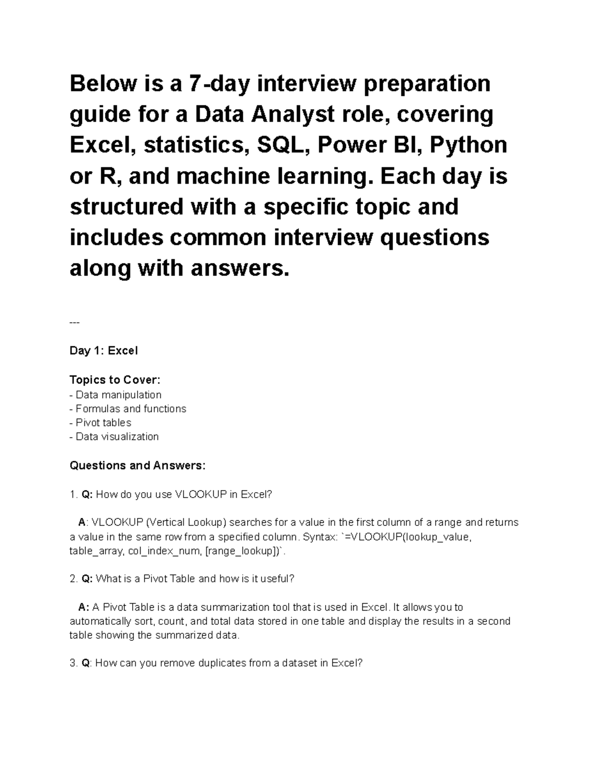 Interview Data Analyst - Below is a 7-day interview preparation guide ...