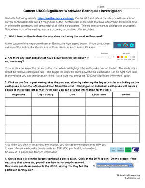 Earthquake online lab - .......... - Name EARTH SCIENCE VIRTUAL ...