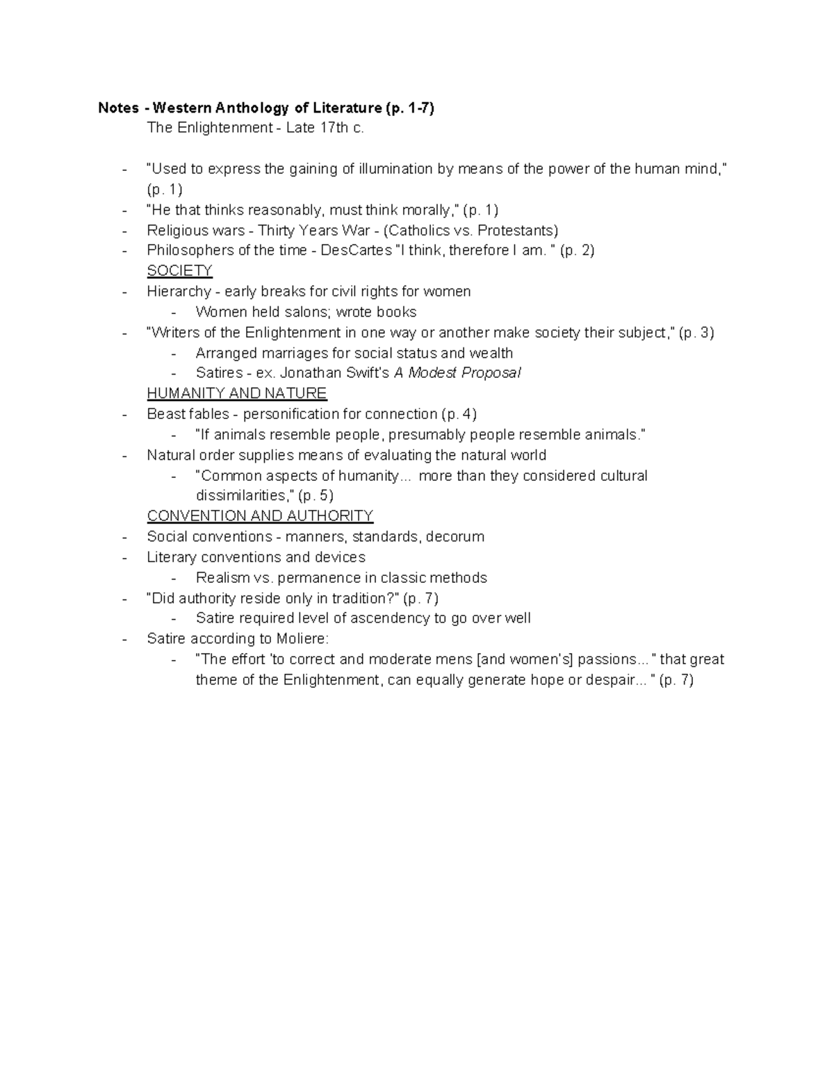 Reading Summary - The Enlightenment - Notes Western Anthology of ...