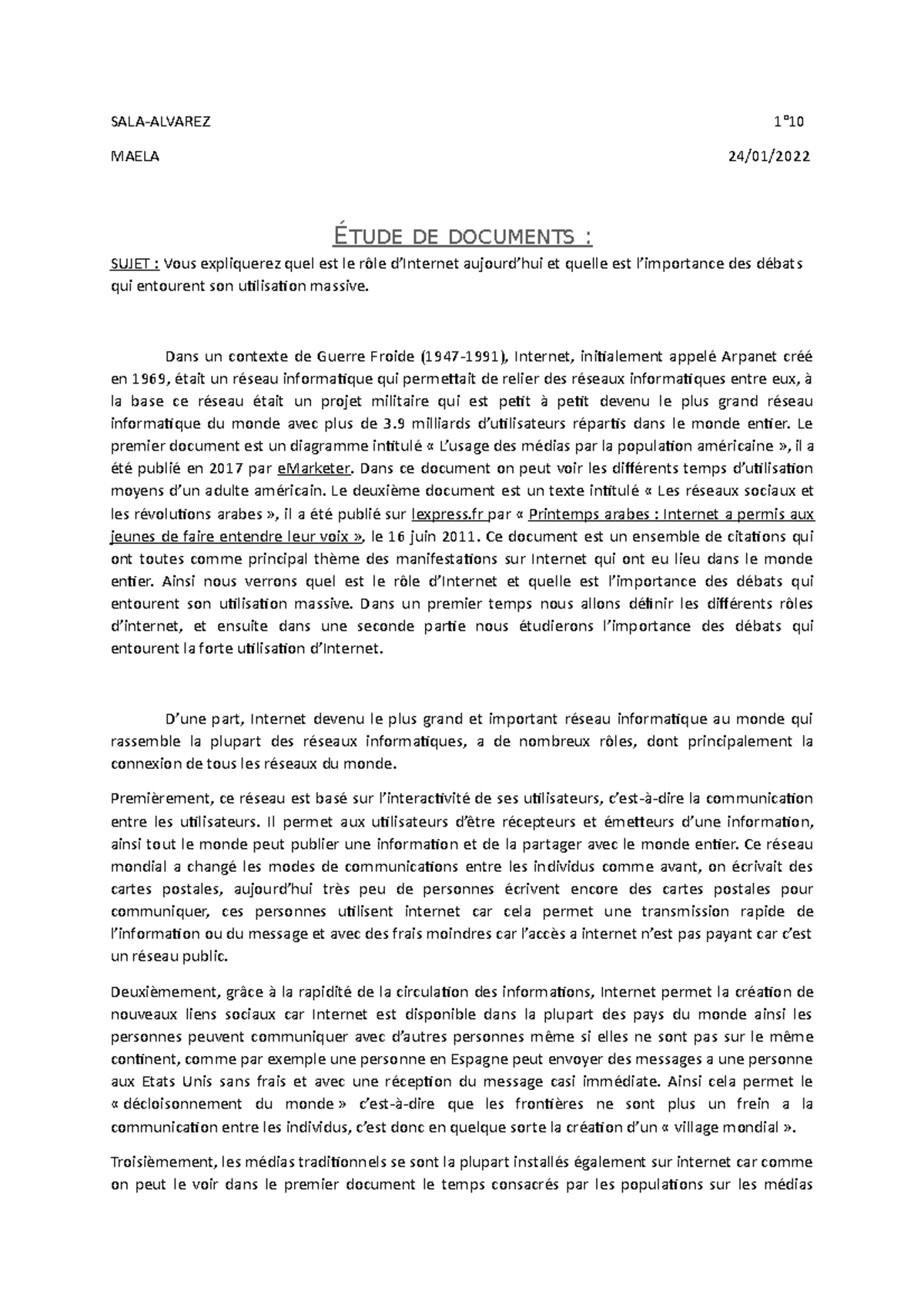 Copie de etude de documents - SALA-ALVAREZ 1° MAELA 24/01/ ÉTUDE DE DOCUMENTS : SUJET : Vous ...