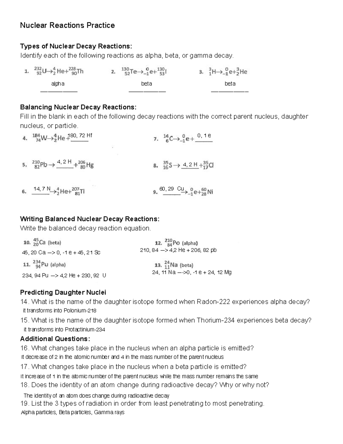 Nuclear Reactions Practice - Nuclear Reactions Practice Types of ...