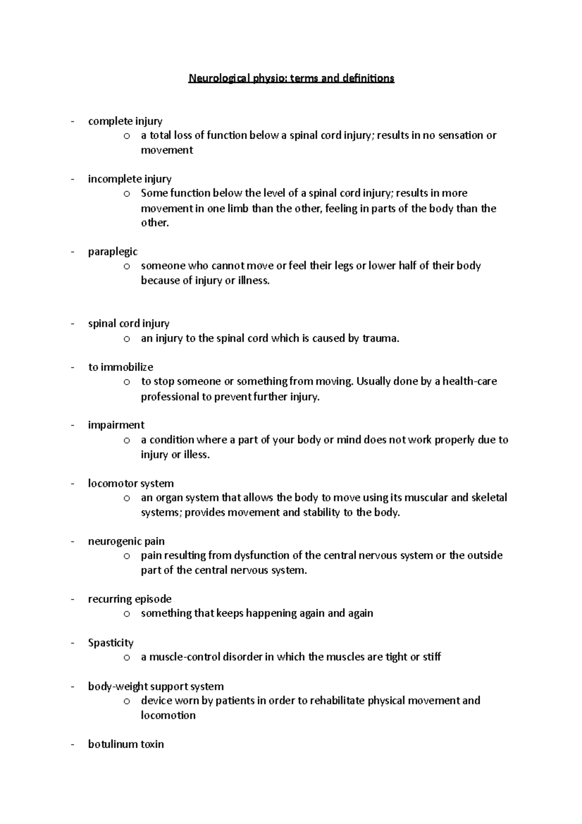 Neurological physio- terms and definitions - PSIO6044-40386-21-22 ...