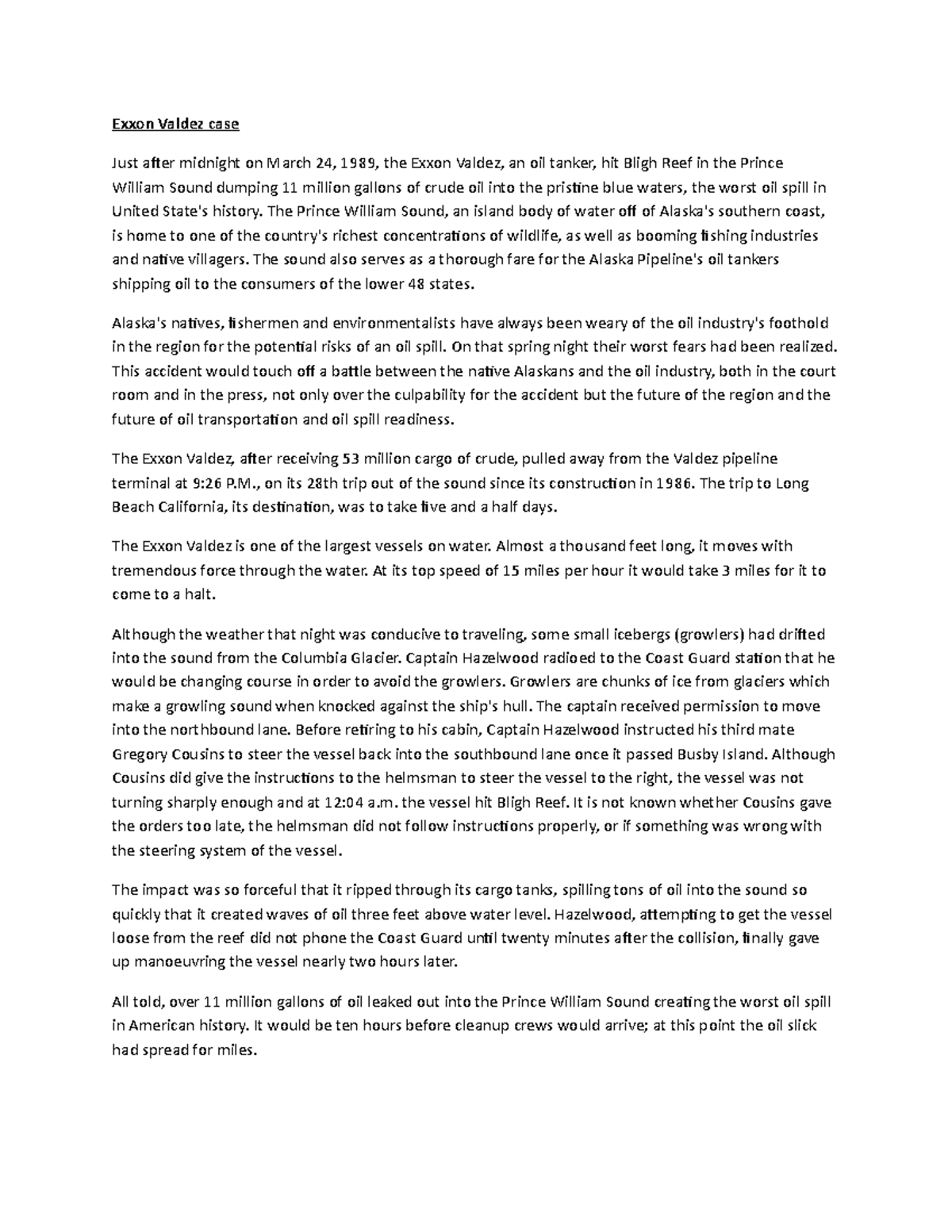 Exxon Valdez case - Case Study for Final Exam - Exxon Valdez case Just ...