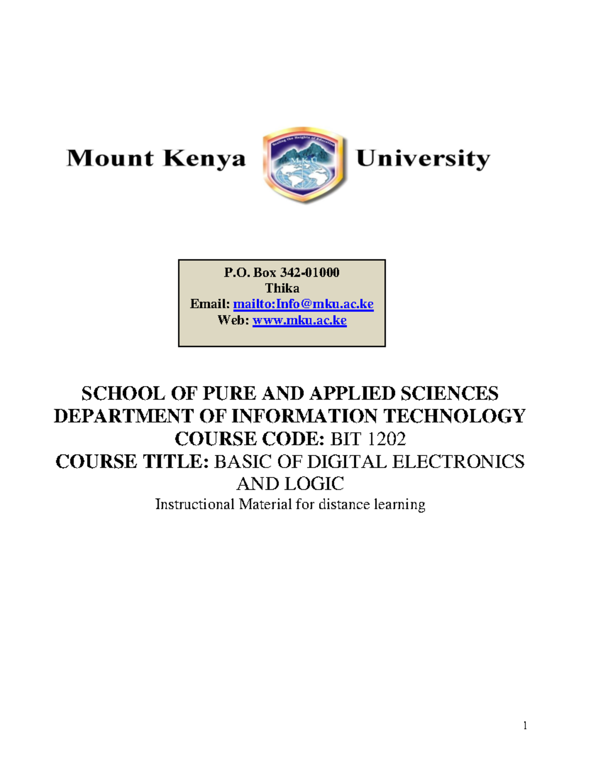 BIT2101 Digital Logic Module - SCHOOL OF PURE AND APPLIED SCIENCES ...