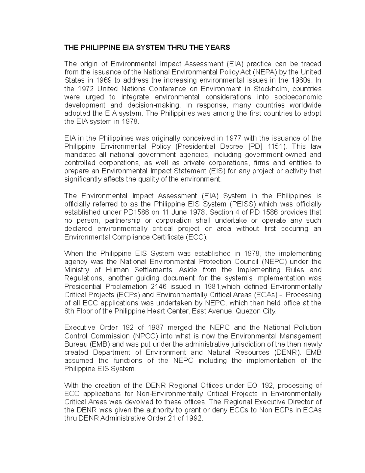 Environmental Science and Engineering - THE PHILIPPINE EIA SYSTEM THRU THE YEARS The origin of ...