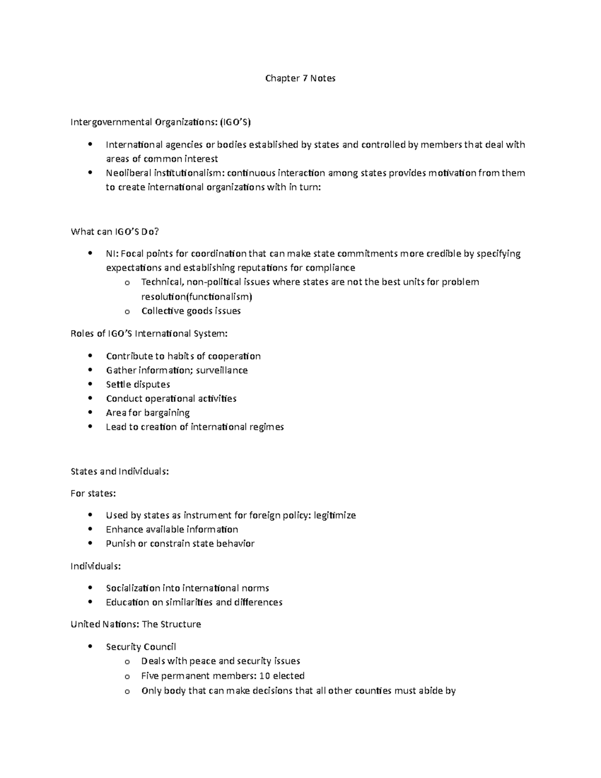Chapter 7 Notes - Chapter 7 Notes Intergovernmental Organizations: (IGO ...